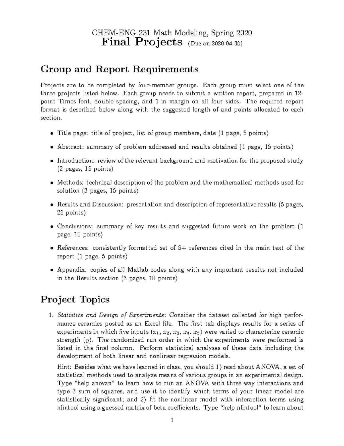 Mathmodeling Project Practice Question Chem Eng 231 Math Modeling Spring 2020 Final Projects