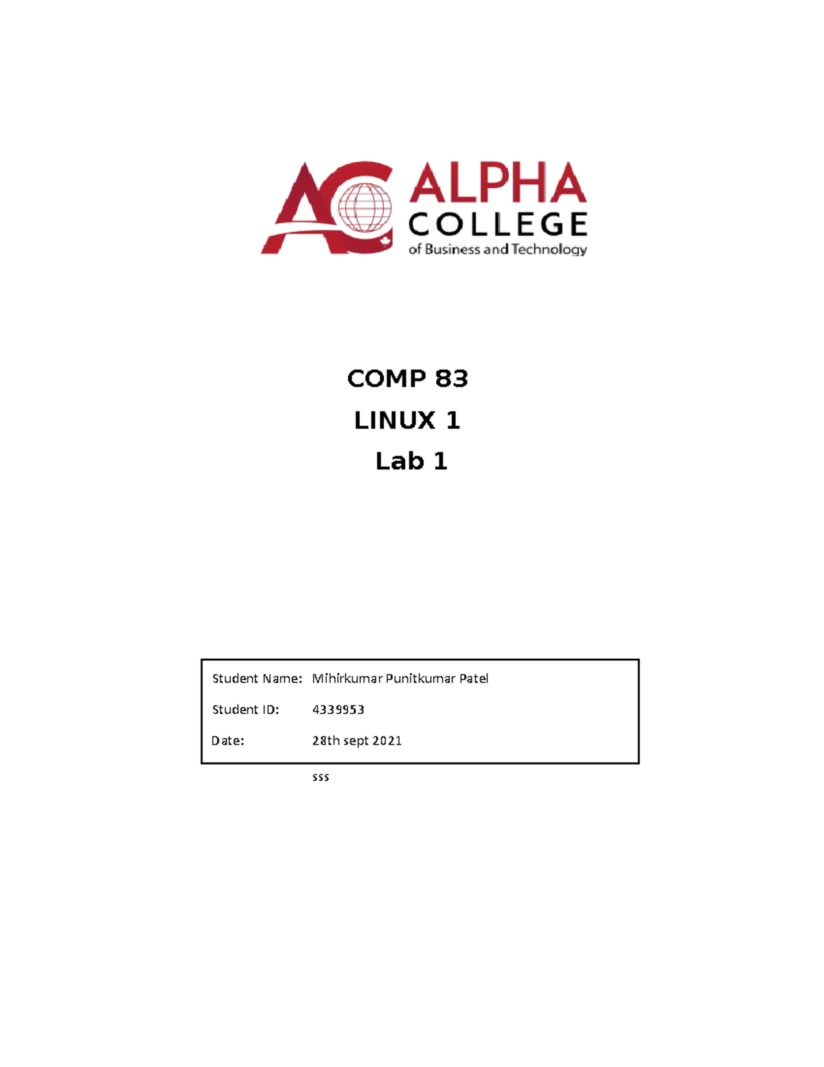 Linux Lab 1 Alpha Collage Comp 83 Linux 1 Lab 1 28th Sept 2021 Sss