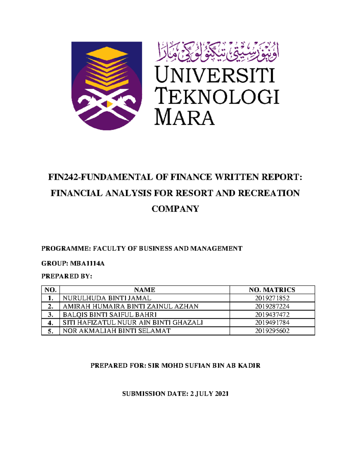 MBA1114A Financial Analysis FOR Resort AND Recreation Company - FIN242 ...