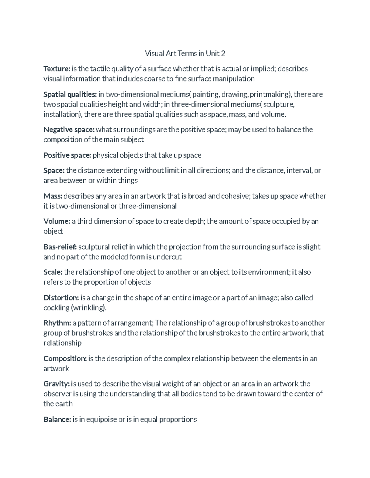 Unit 2 Visual Art Terms - Vocabulary defined for the second unit ...
