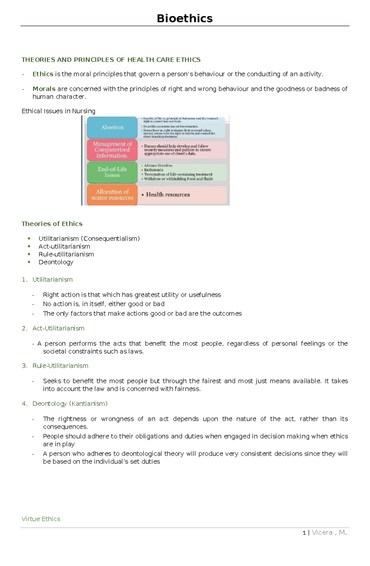 Transes - Bioethics - Health Care Ethics lecture notes - THEORIES AND ...