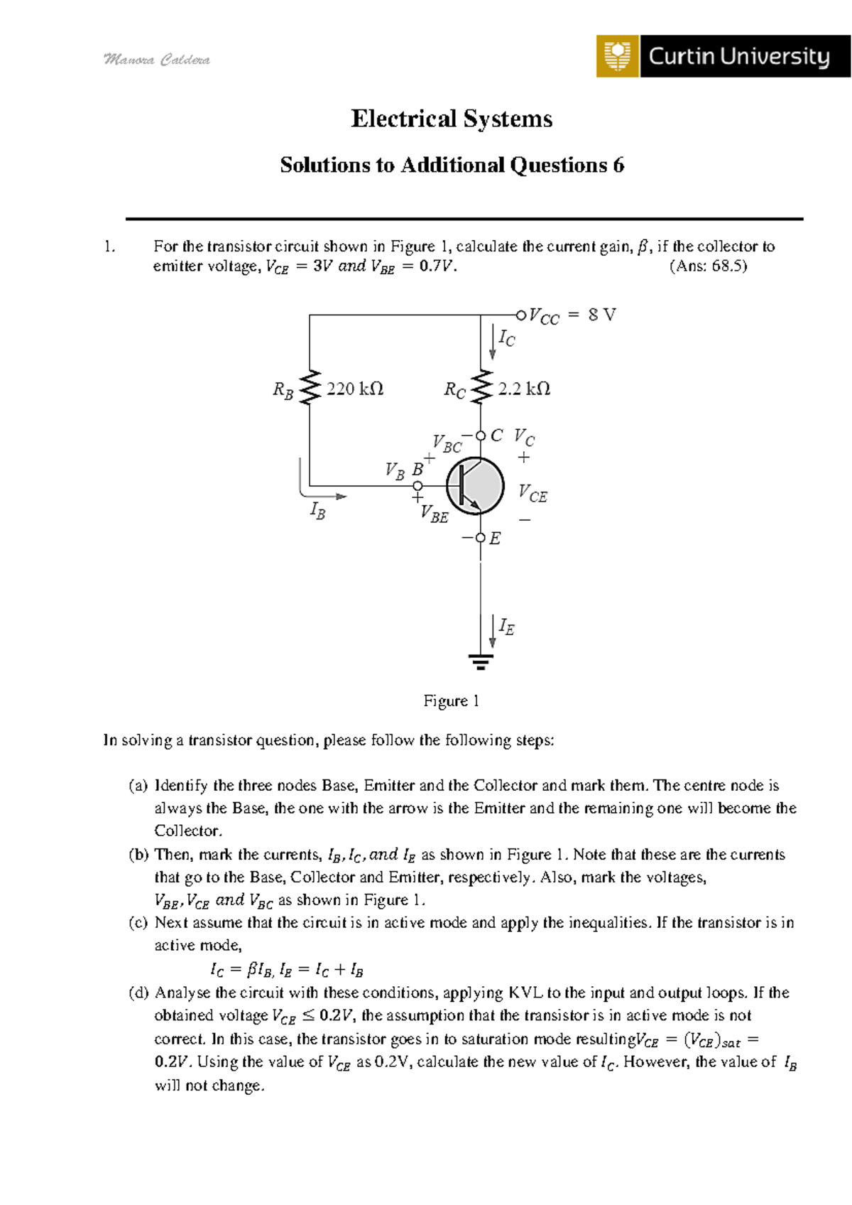Additional Questions 6 Transistors Solutions - Electrical Systems Solutions to Additional ...