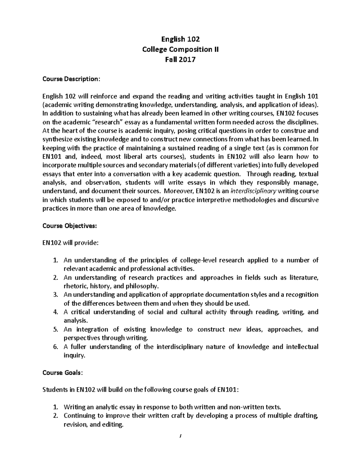 102 English Introduction English 102 College Composition II Fall 