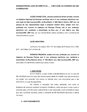 Petição Inicial - Prática Civil 1 - EXCELENTÍSSIMO SENHOR JUIZ DE ...