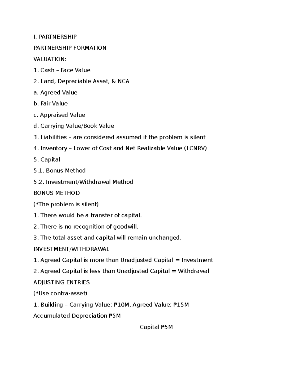 Afar partnership - notes - I. PARTNERSHIP PARTNERSHIP FORMATION ...