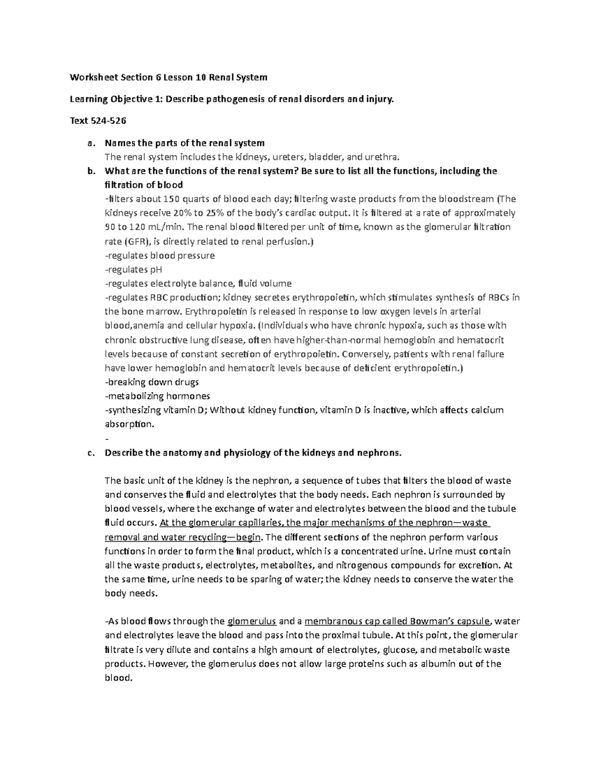 Section 6 Lesson 10 Renal System D236 WGU - Worksheet Section 6 Lesson ...