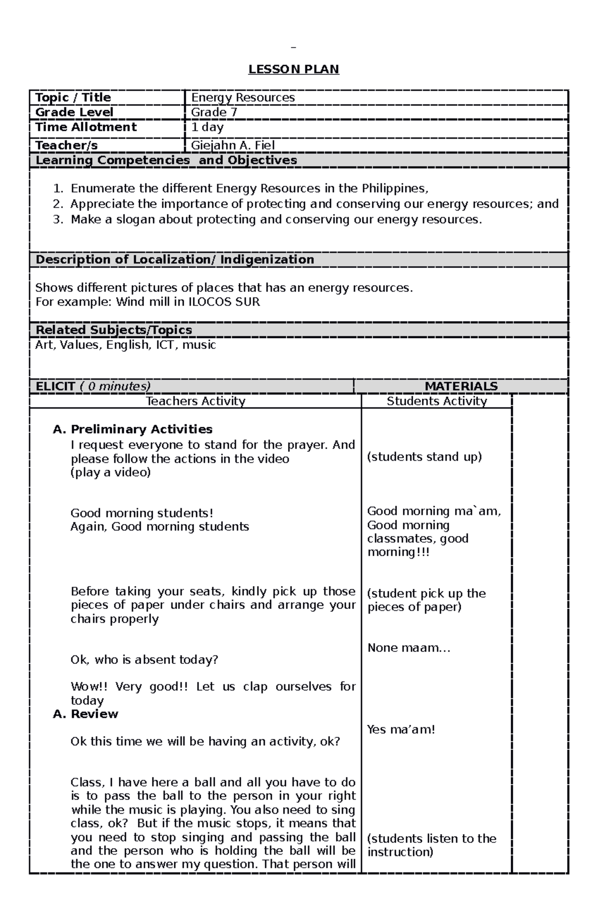 Final Demonstration Lesson PLAN - LESSON PLAN Topic / Title Energy ...