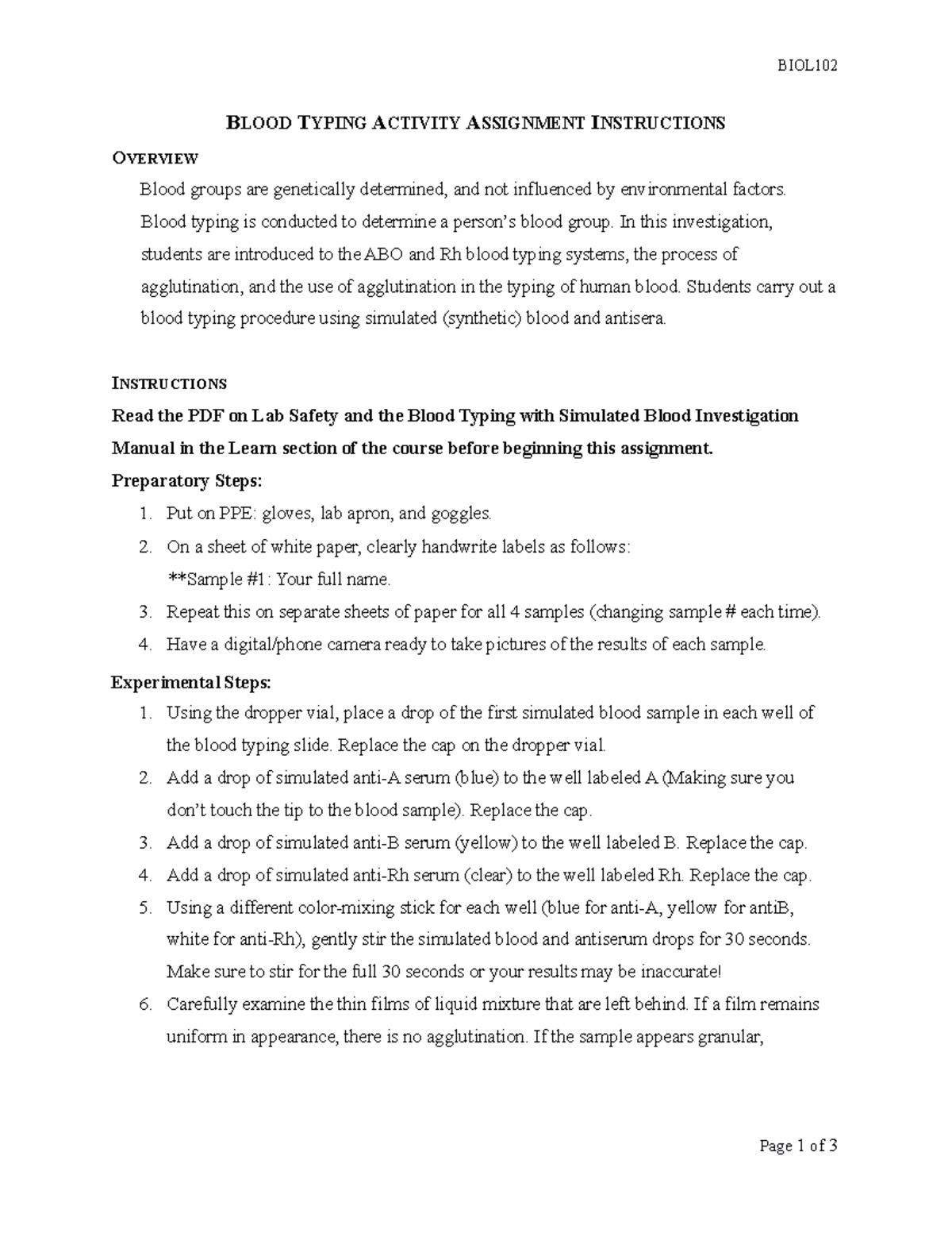 Blood Typing Activity Assignment Instructions - BIOL BLOOD TYPING ACTIVITY ASSIGNMENT ...