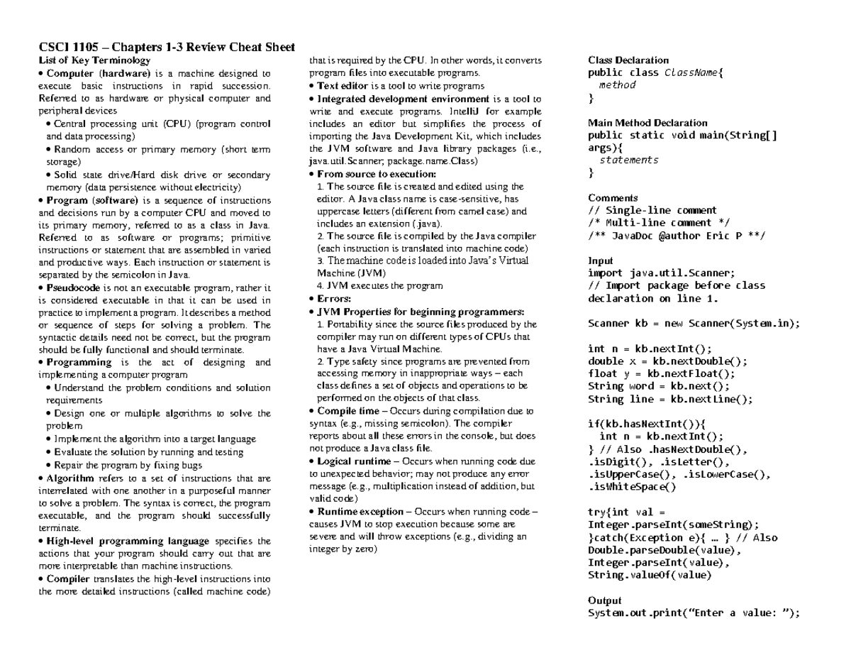 Lecture 22 Notes Review - CSCI 1105 – Chapters 1-3 Review Cheat Sheet ...