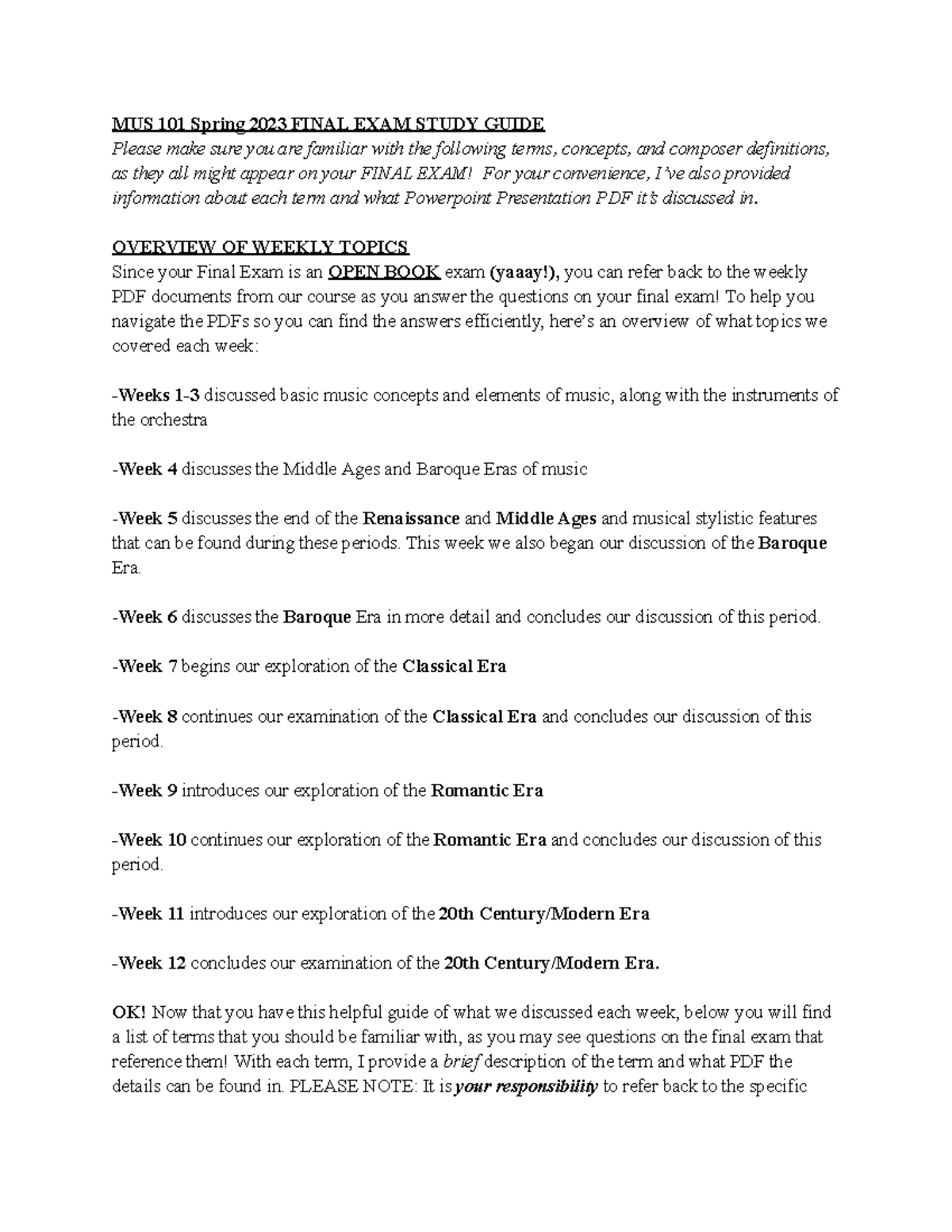 MUS 101 Spring 2023 Final EXAM Study Guide - MUS 101 Spring 2023 FINAL ...