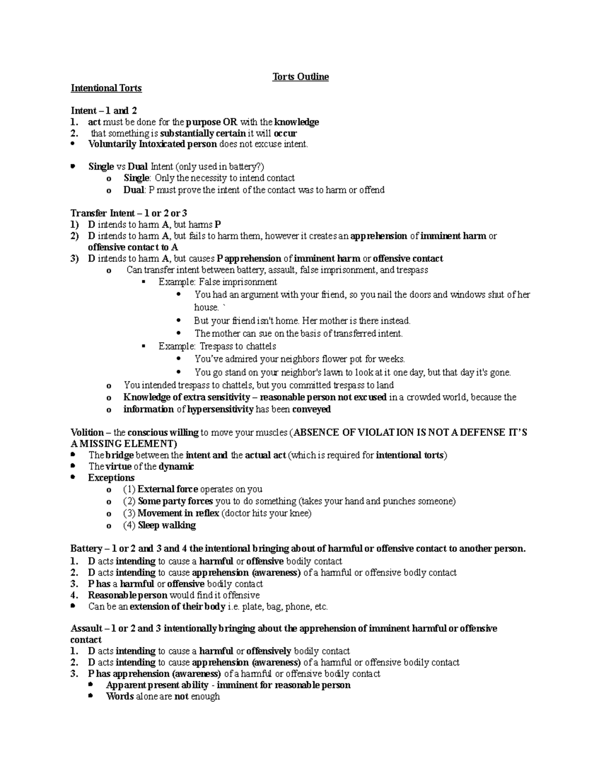 Torts Outline - Torts Outline Intentional Torts Intent – 1 and 2 1. act ...