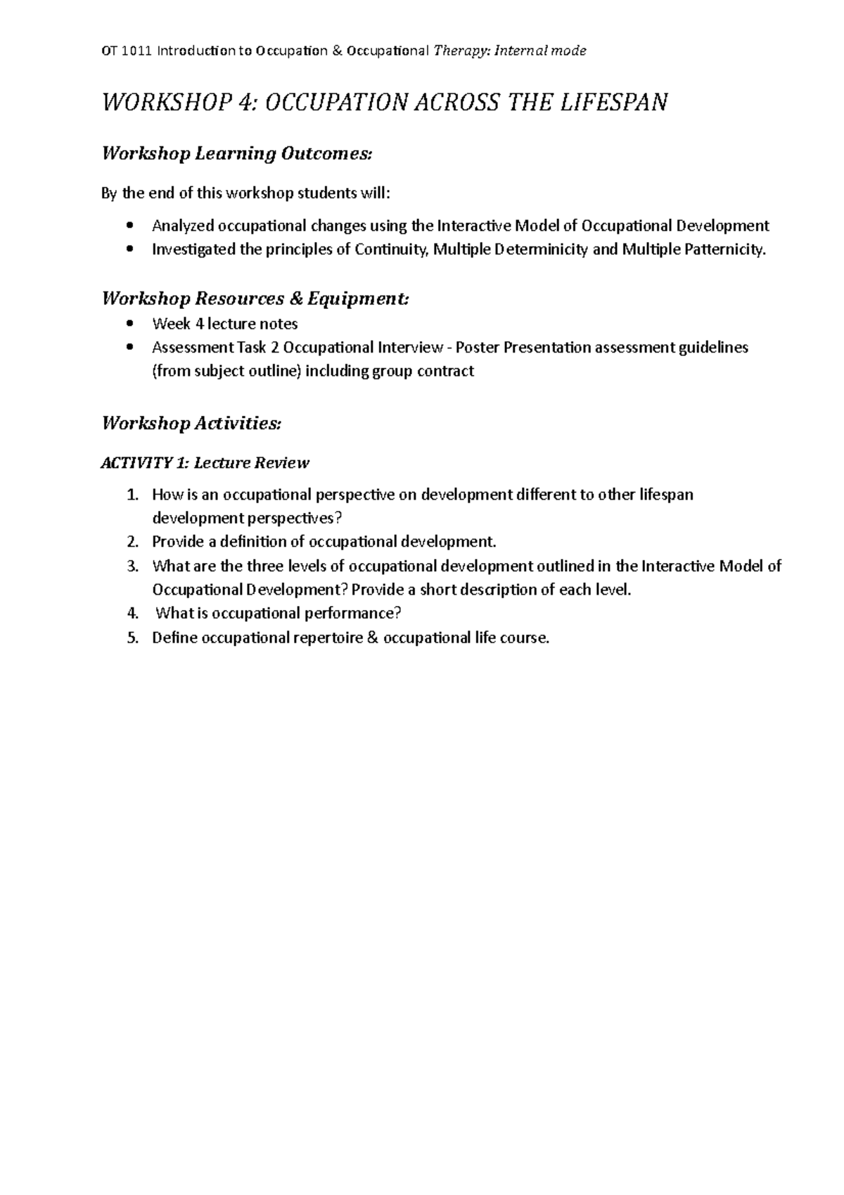 Workshop 4 - Occupation Across the Lifespan - internal worksheet ...