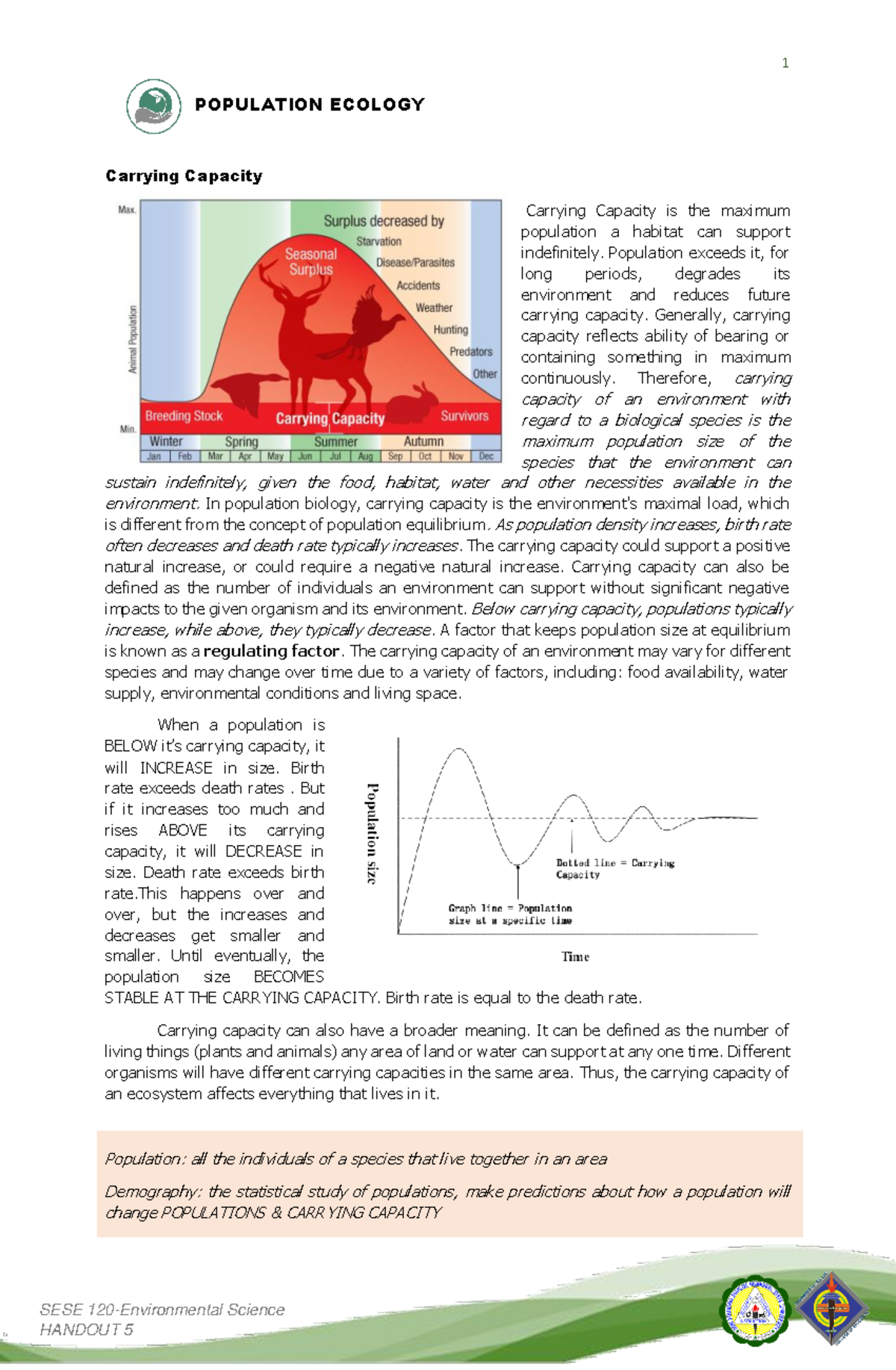 Handout in Population Ecology - SESE 120-Environmental Science ...