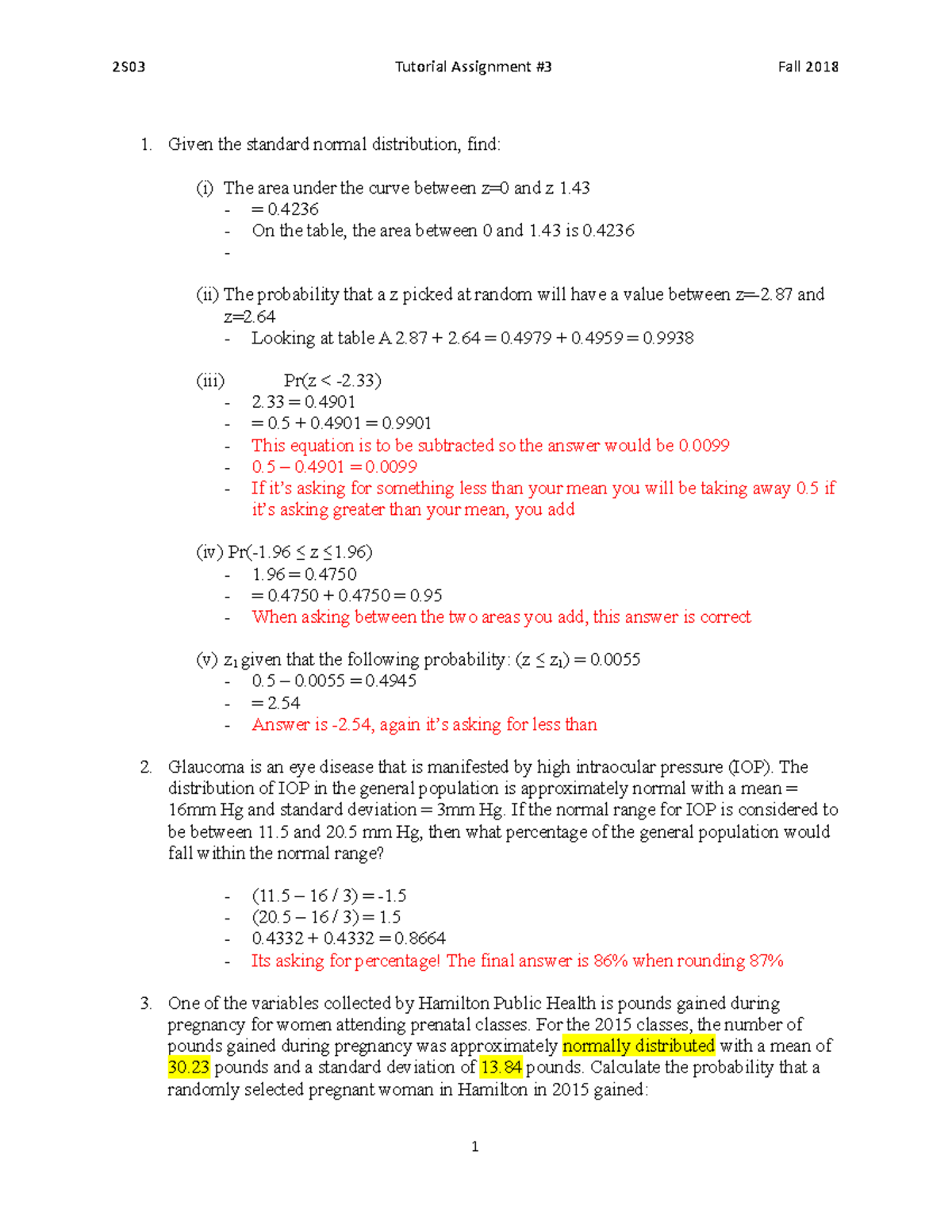Tutorial Assignment 3 0 On The Table The Area Between 0 And 1 Is 0 Ii The 7438