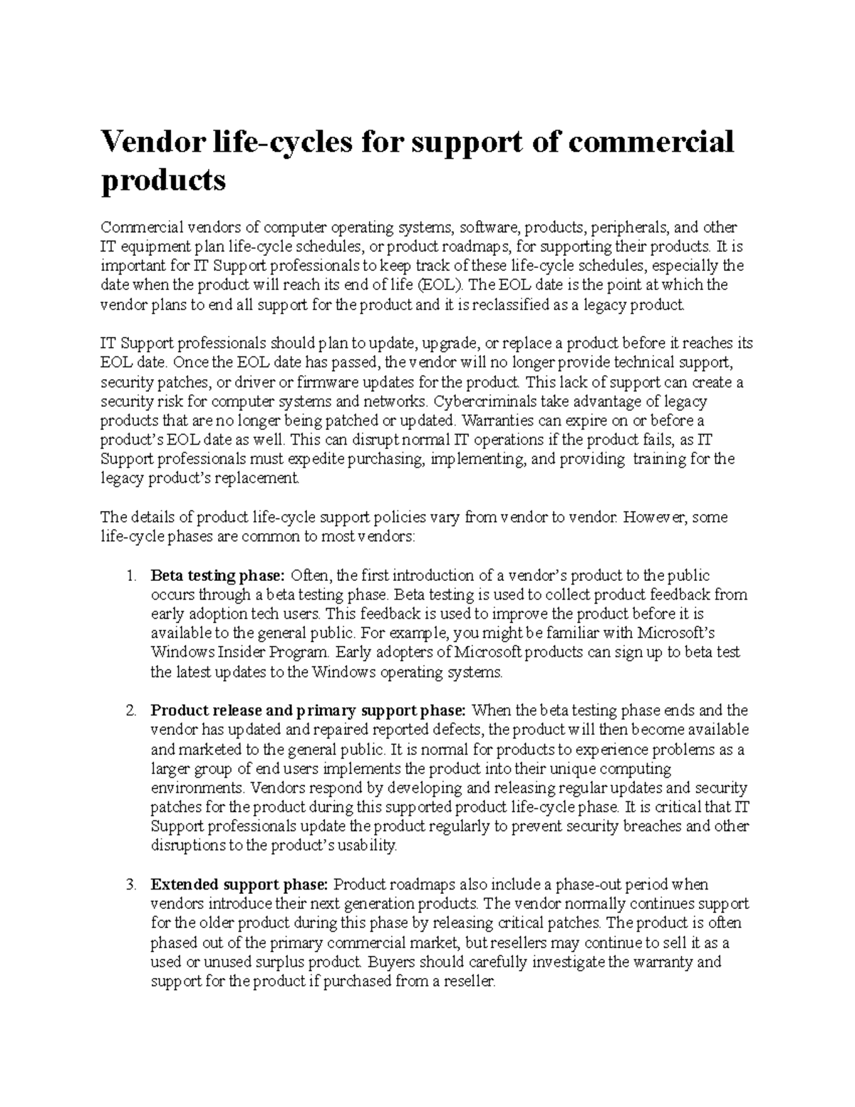 Vendor life-cycles for support of commercial products - Vendor life ...