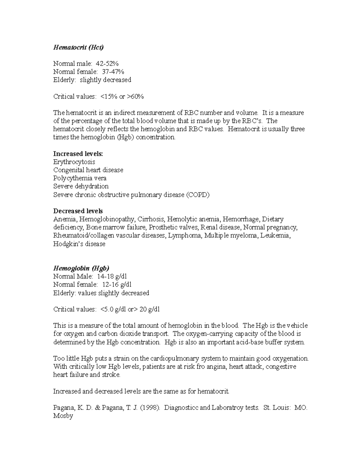 Hematocrit - nursing notes - Hematocrit (Hct) Normal male: 42-52% ...