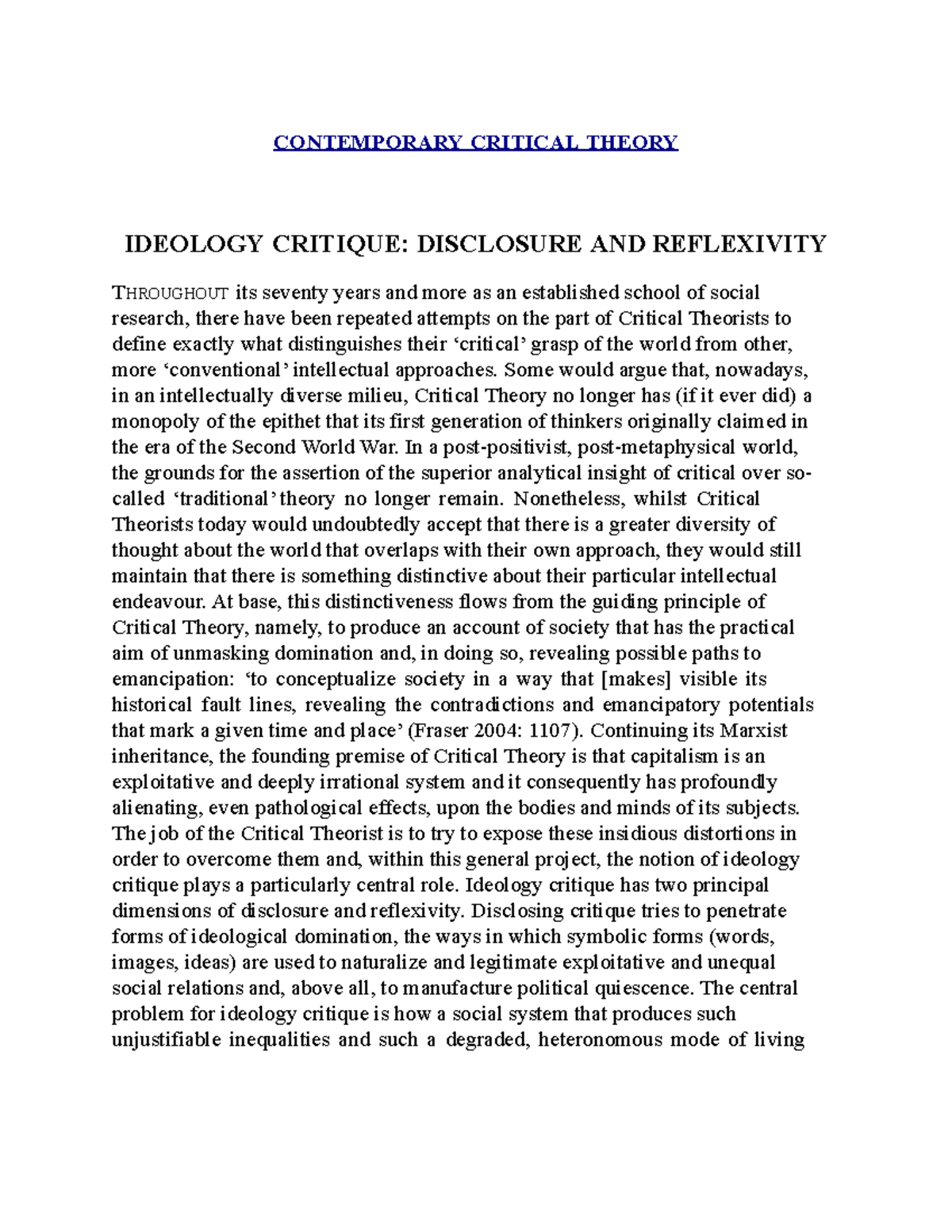 Contemporary Critical Theory - CONTEMPORARY CRITICAL THEORY IDEOLOGY CRITIQUE: DISCLOSURE AND ...