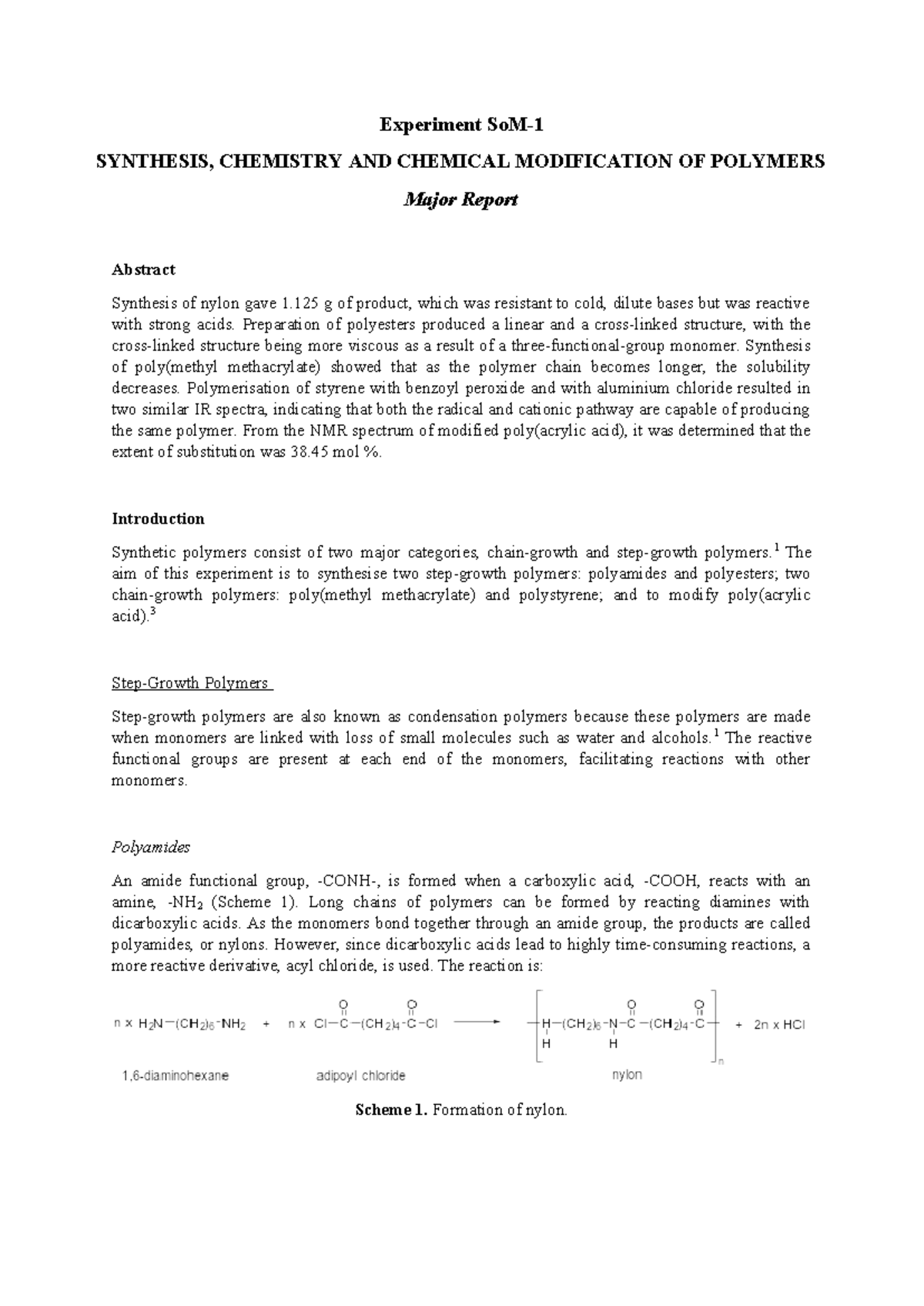 So M-1 Major Report - Synthesis of polymers - Experiment SoM- SYNTHESIS, CHEMISTRY AND CHEMICAL ...