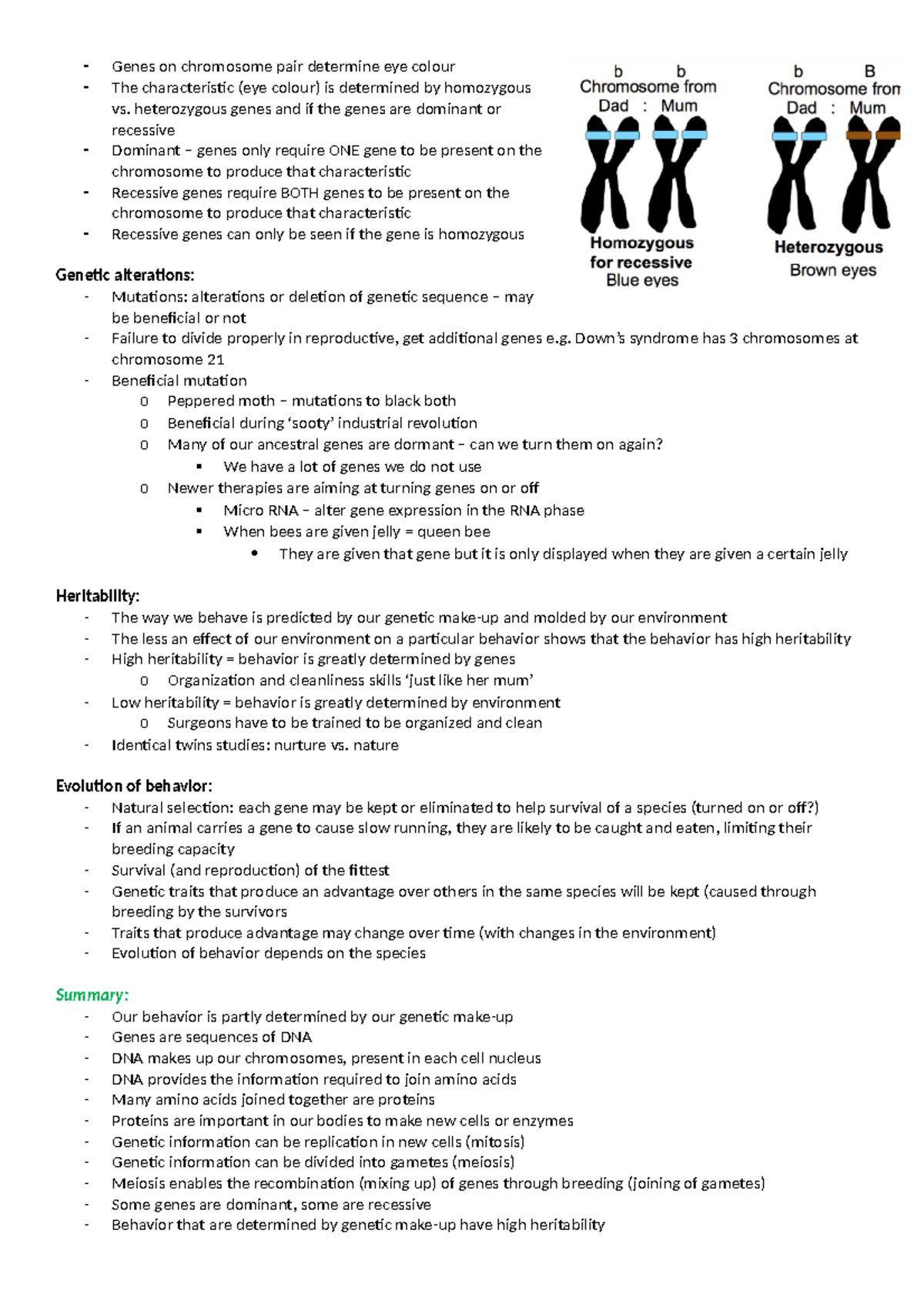 Psychology notes-2 - Genes on chromosome pair determine eye colour The ...