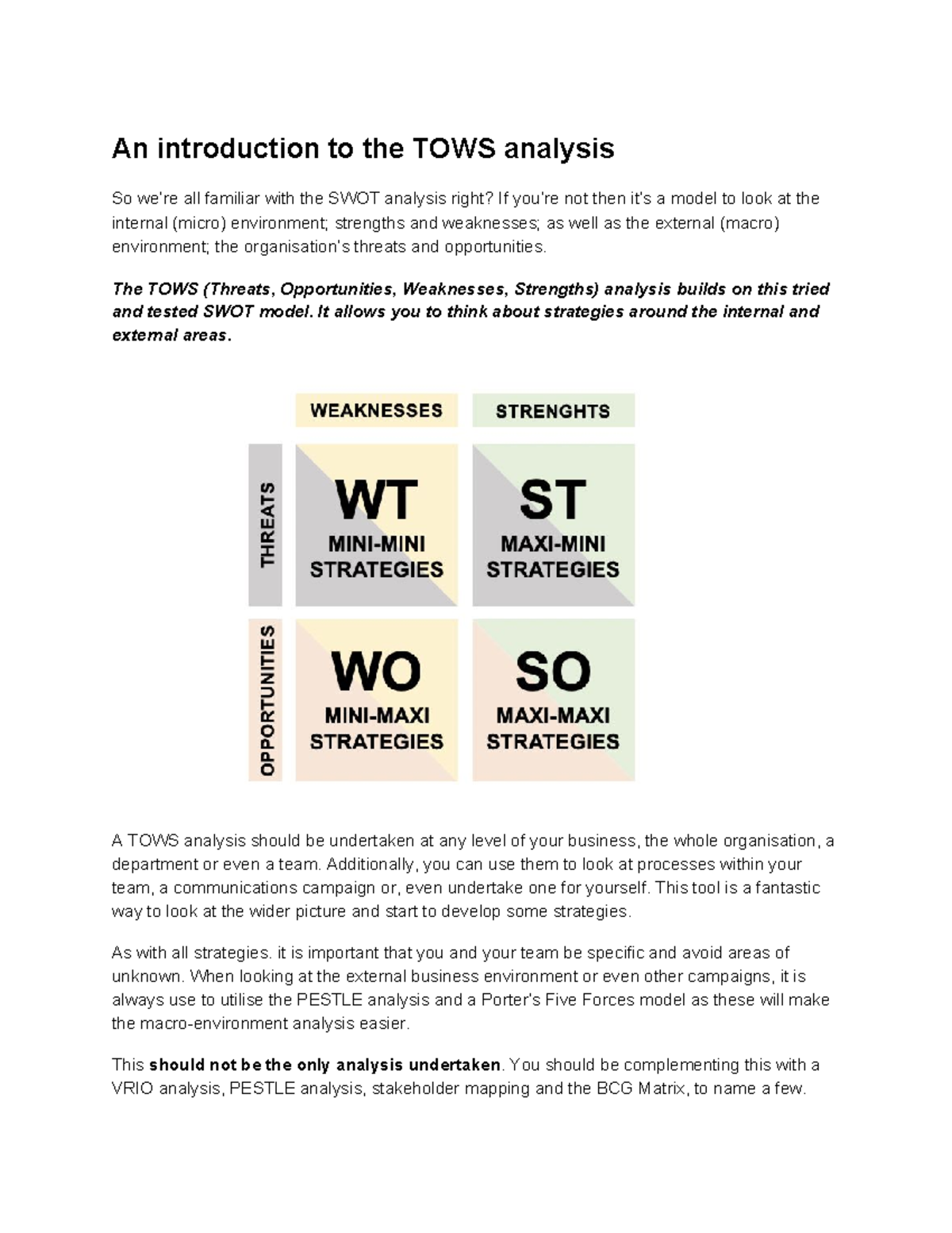 An introduction to the TOWS analysis - The TOWS (Threats, Opportunities ...