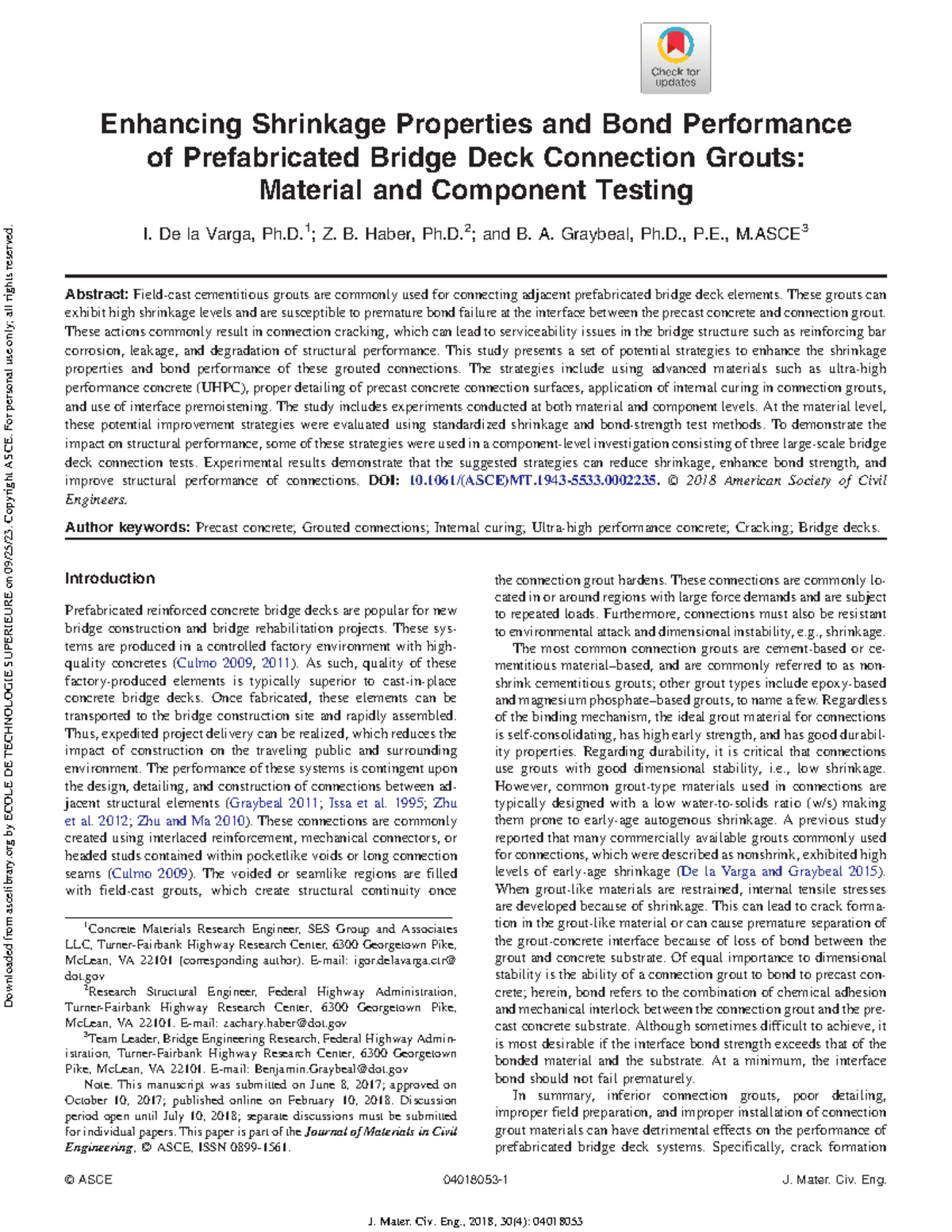 Graybeal et al 2018 enhancing shrinkage properties and bond performance of prefabricated bridge ...