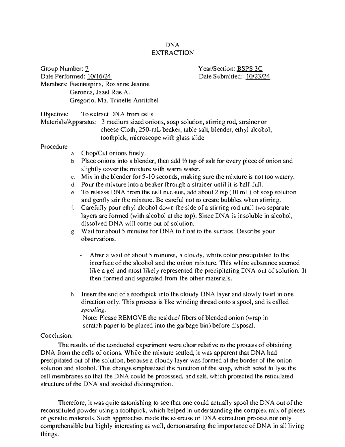 DNA- Extraction - how to extract dna - DNA EXTRACTION Group Number: 7 ...