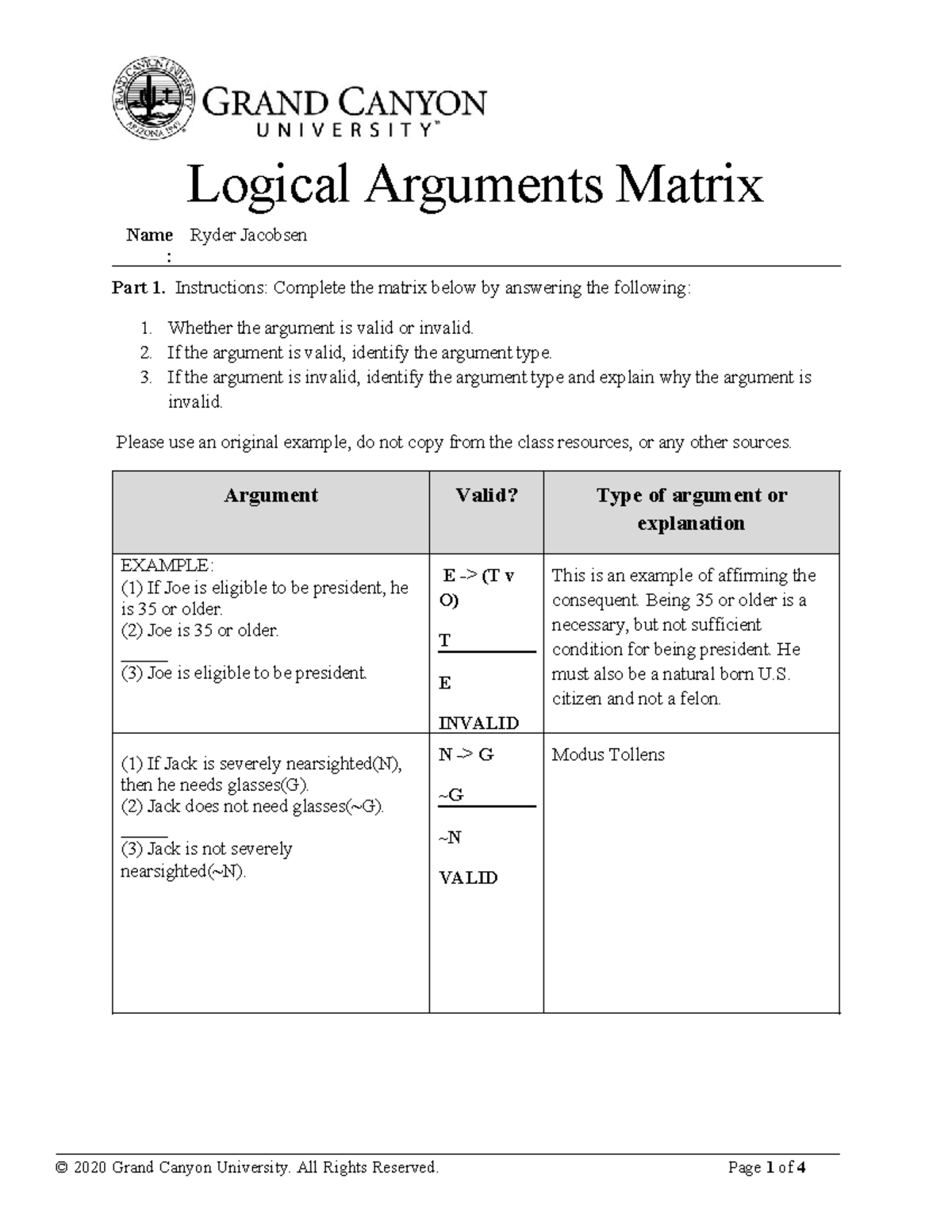 Logical Arguments Worksheet - Logical Arguments Matrix Name : Ryder Jacobsen Part 1 ...