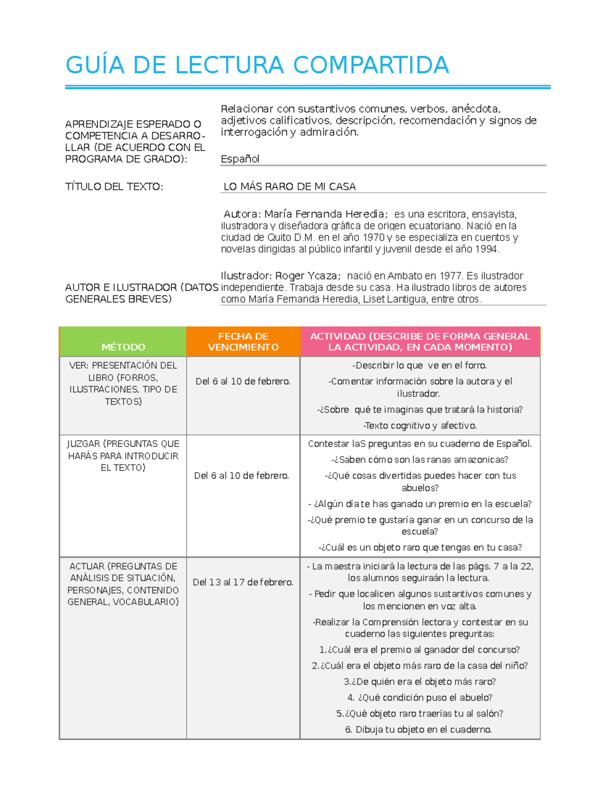 +GUÍA DE Lectura Compartida LO MÁS RARO DE MI CASA - GUÍA DE LECTURA ...