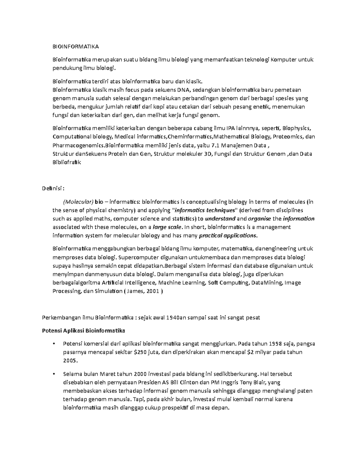 Bioinformatika Dasar Bioinformatika Bioinformatika Merupakan Suatu Bidang Ilmu Biologi Yang 