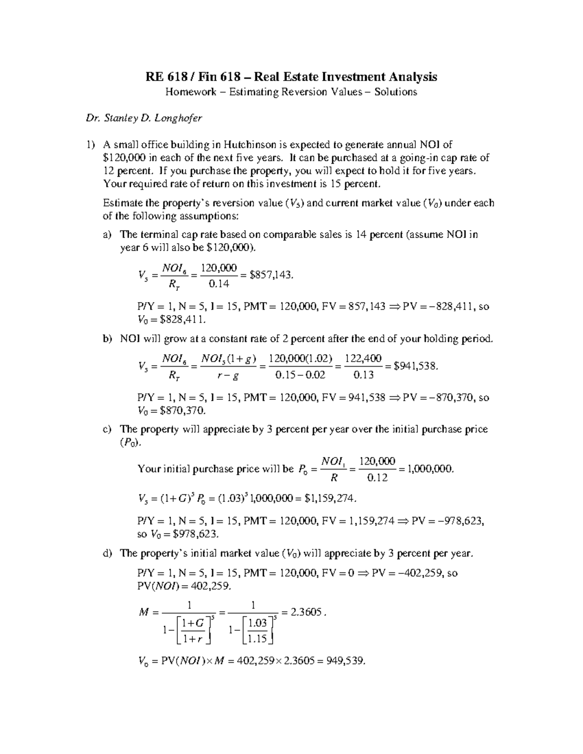 RE618 HW Reversion Values S - RE 618 / Fin 618 – Real Estate Investment ...