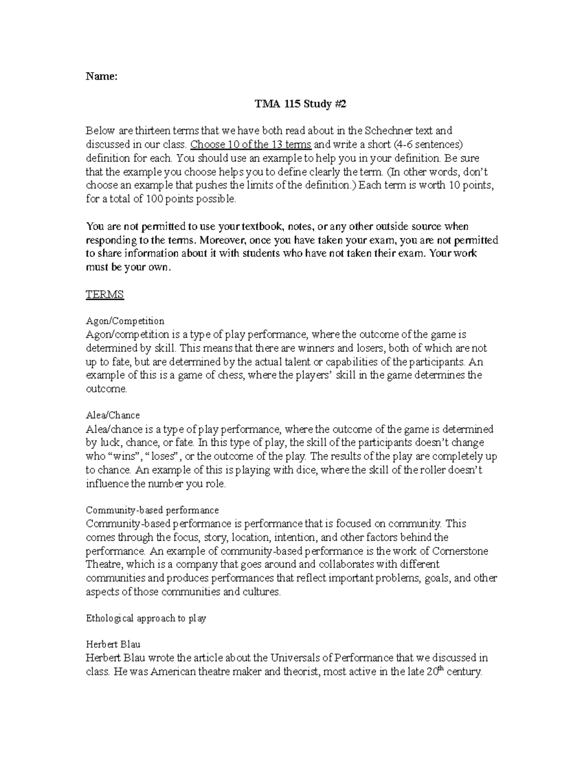 Intro to Performance Studies Study Assessment 2 - Name: TMA 115 Study ...