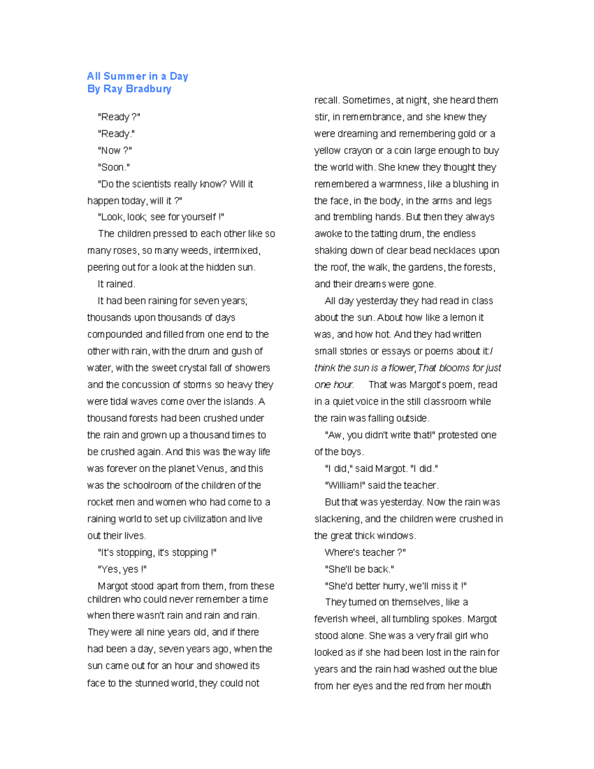 All Summer in a Day - Reading Comprehension - All Summer in a Day By ...