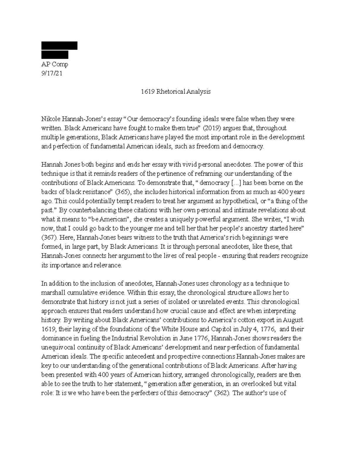 Hannah-Jones Rhetorical Analysis - Soph Bililies Dr. Keely AP Comp 9/17 ...