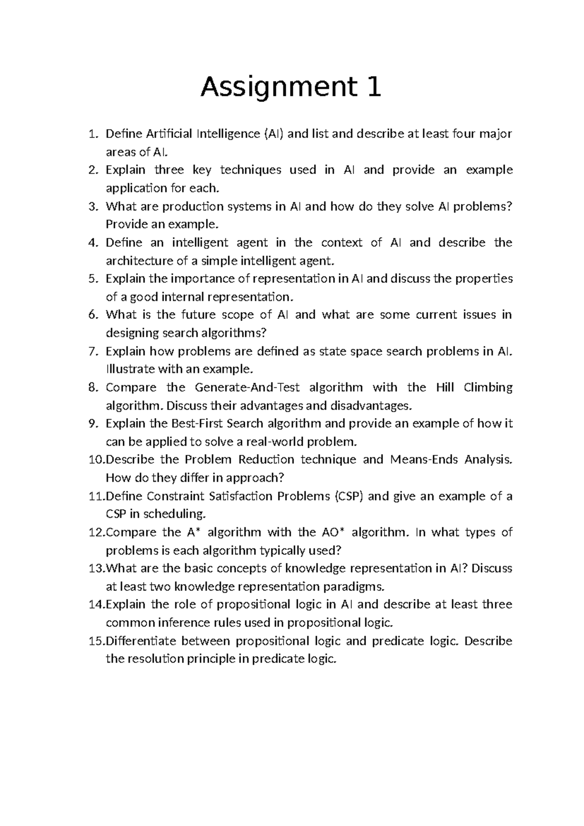 AI Assignment-01 - ASSIGNMENT - Assignment 1 1. Define Artificial ...