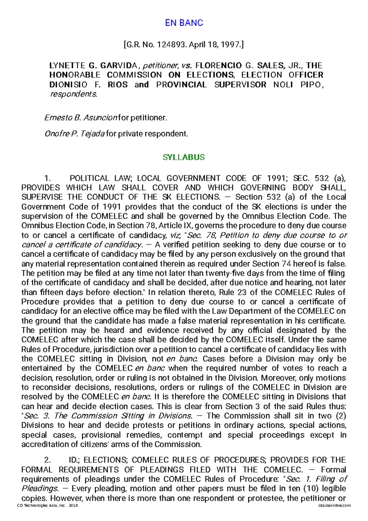 Garvida vs Sales - TEST - EN BANC [G. No. 124893. April 18, 1997 ...