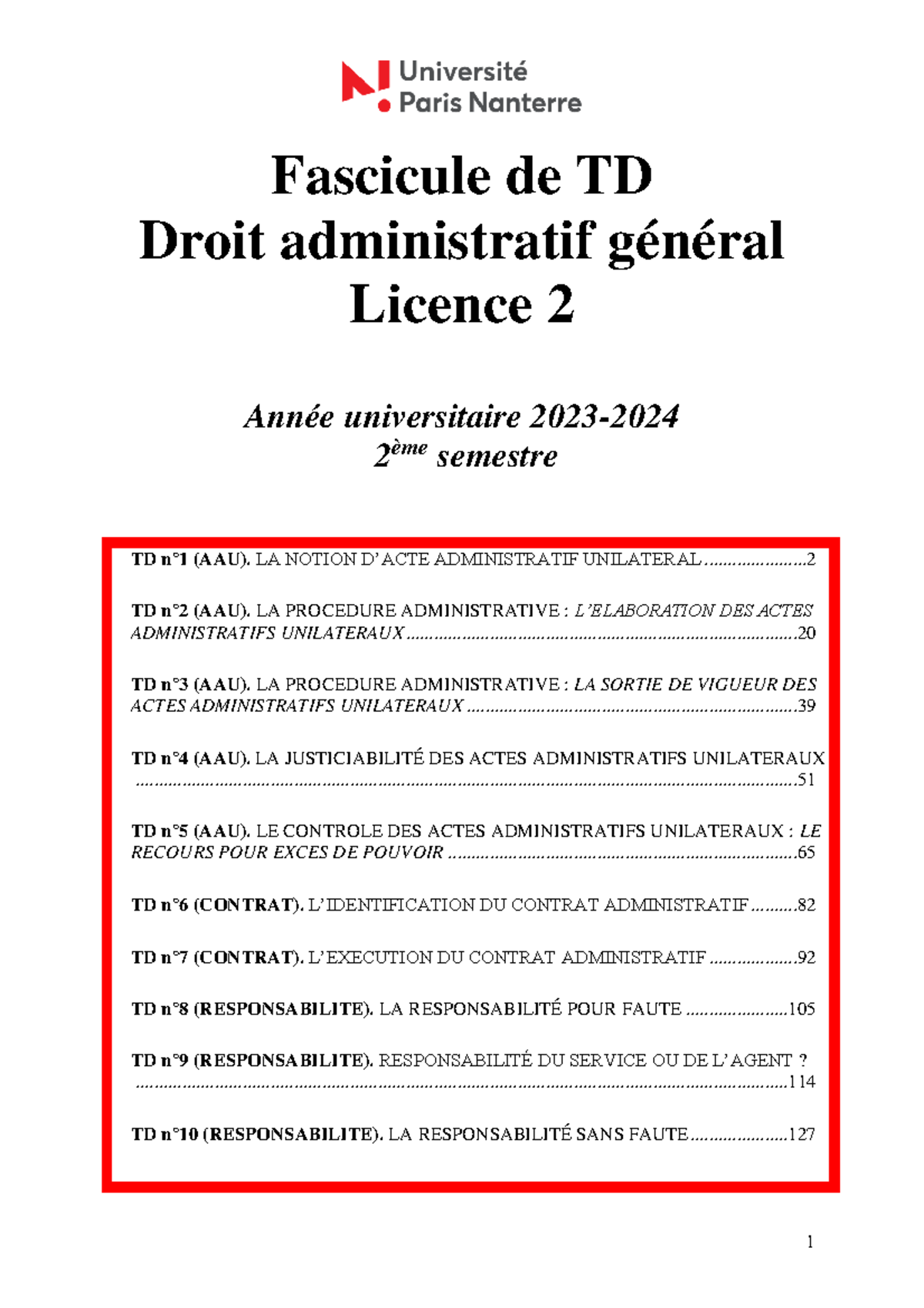 Fascicule de TD – droit administratif (2023-2024) - Fascicule de TD Droit administratif général ...