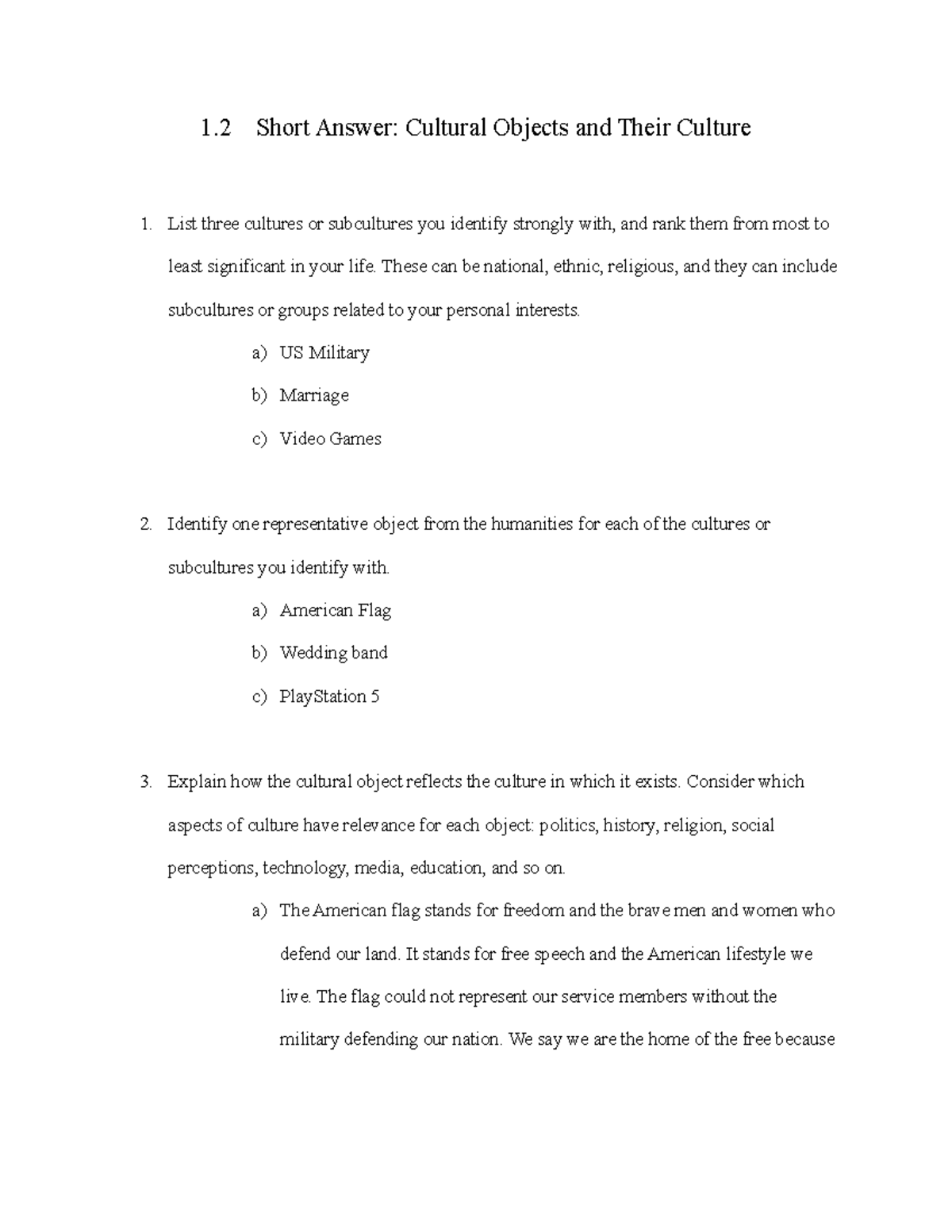 1-2 Short Answer Cultural Objects and Their Culture - These can be ...