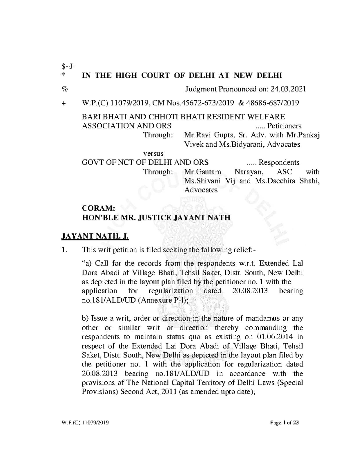 Prayer clause in Writ petition - $~J- * IN THE HIGH COURT OF DELHI AT NEW DELHI % Judgment - Studocu
