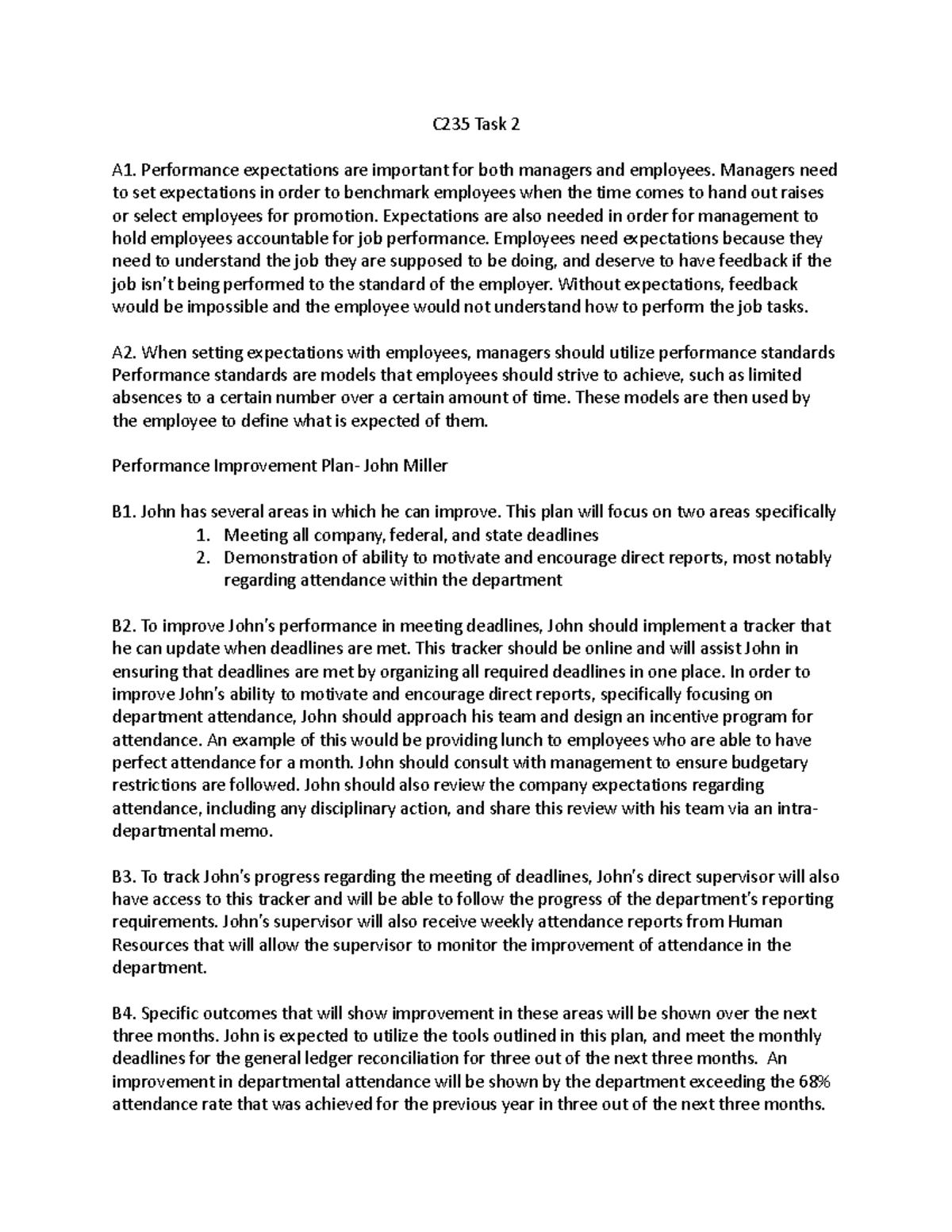 C235 Task 2 - Passed - C235 Task 2 A1. Performance expectations are ...