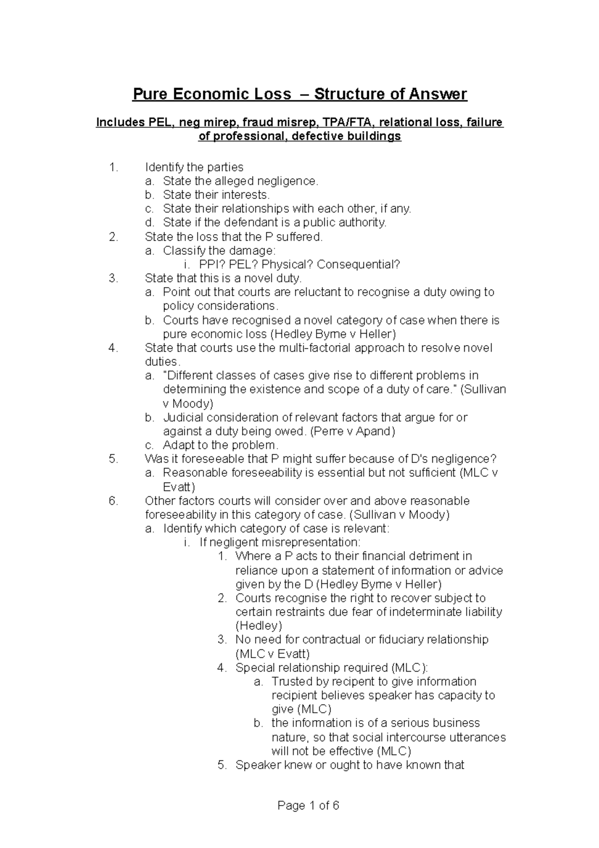 Pure Economic Loss - NOTES - Pure Economic Loss – Structure of Answer ...