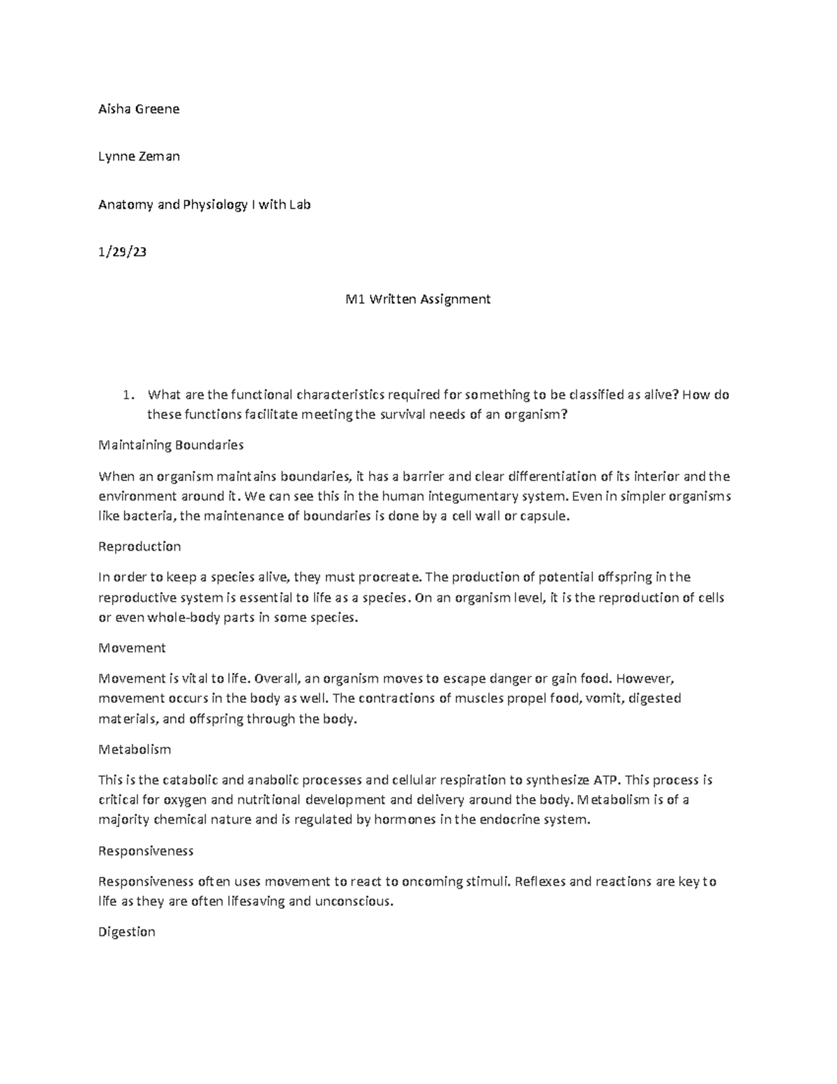 M1 Written Assignment 2 - Aisha Greene Lynne Zeman Anatomy and ...