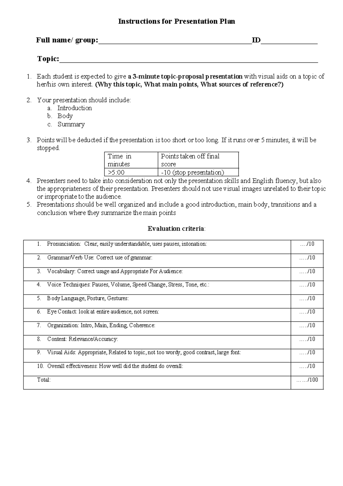 Instructions for Presentation Plan - Each student is expected to give a ...