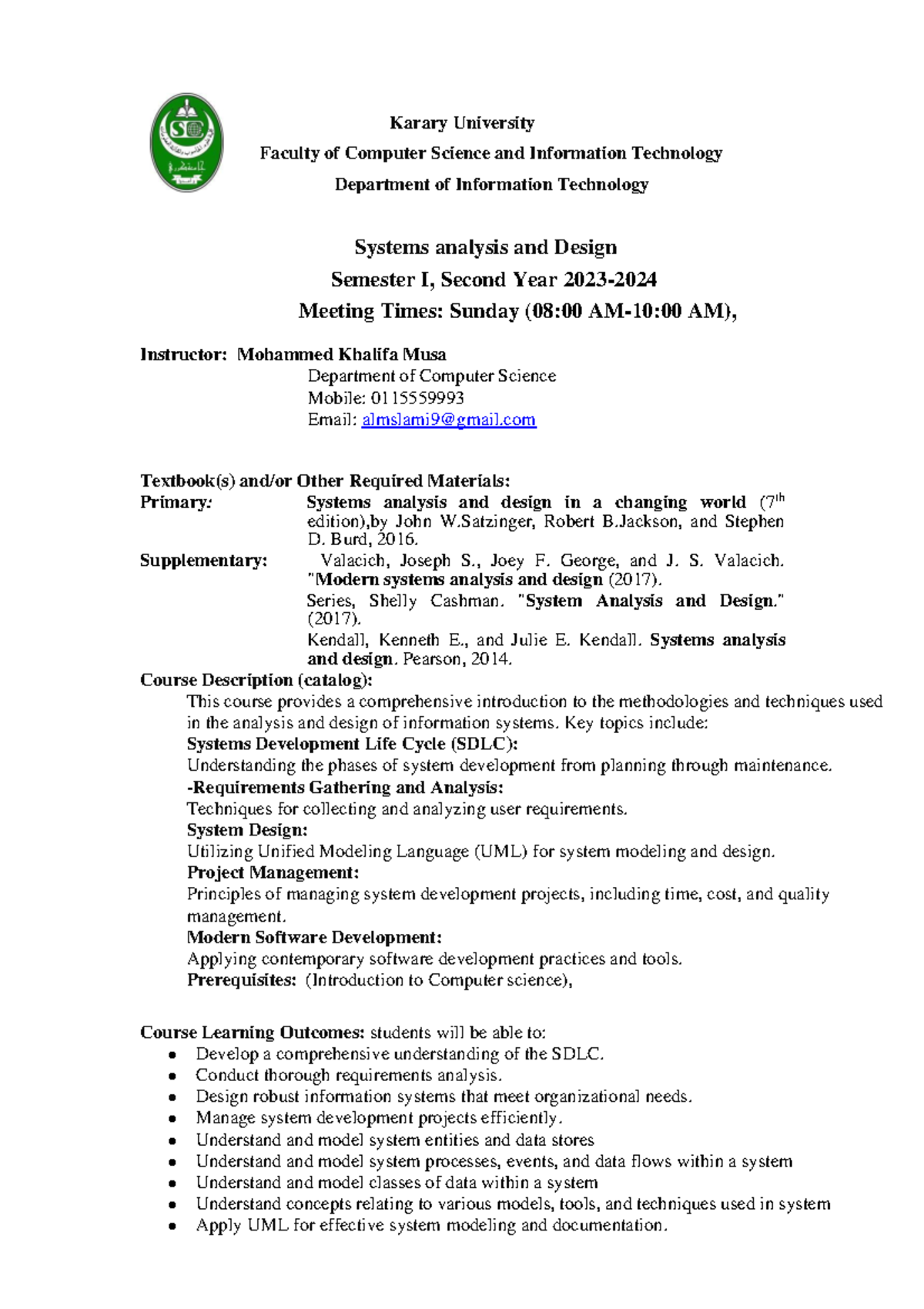 SAD Syllabus - Karary University Faculty of Computer Science and ...