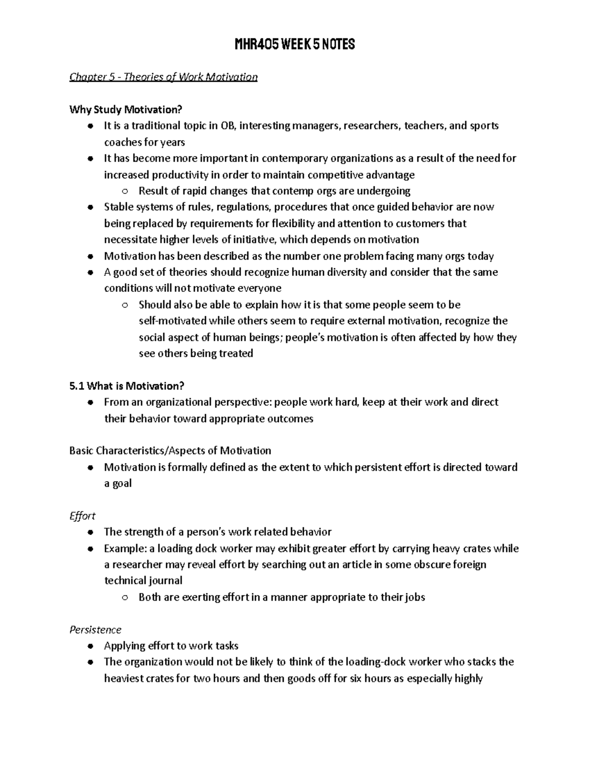 MHR405 Week 5 Chapters 5 and 6 Notes - Chapter 5 - Theories of Work ...