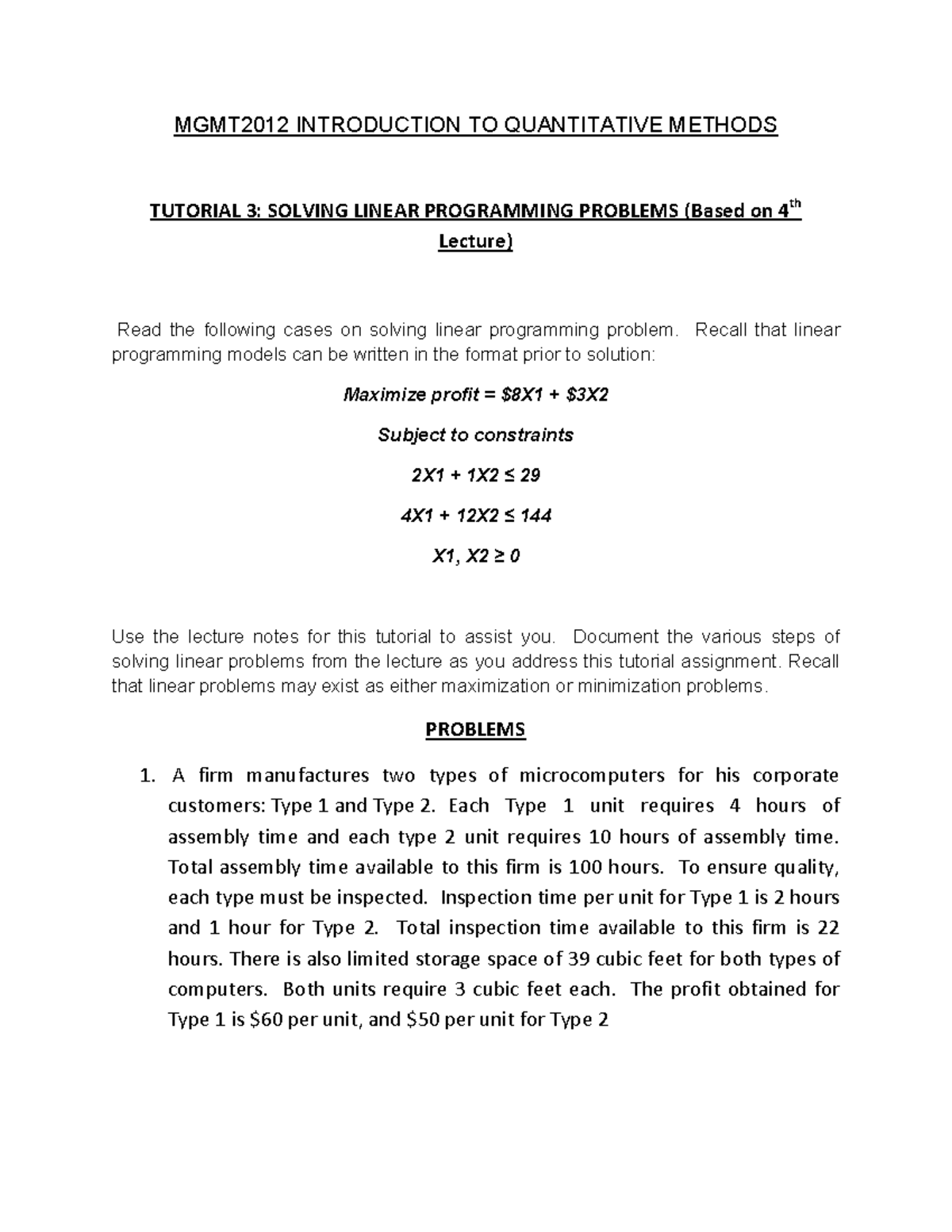 Solving LPPs - MGMT2012 INTRODUCTION TO QUANTITATIVE METHODS TUTORIAL 3: SOLVING LINEAR ...