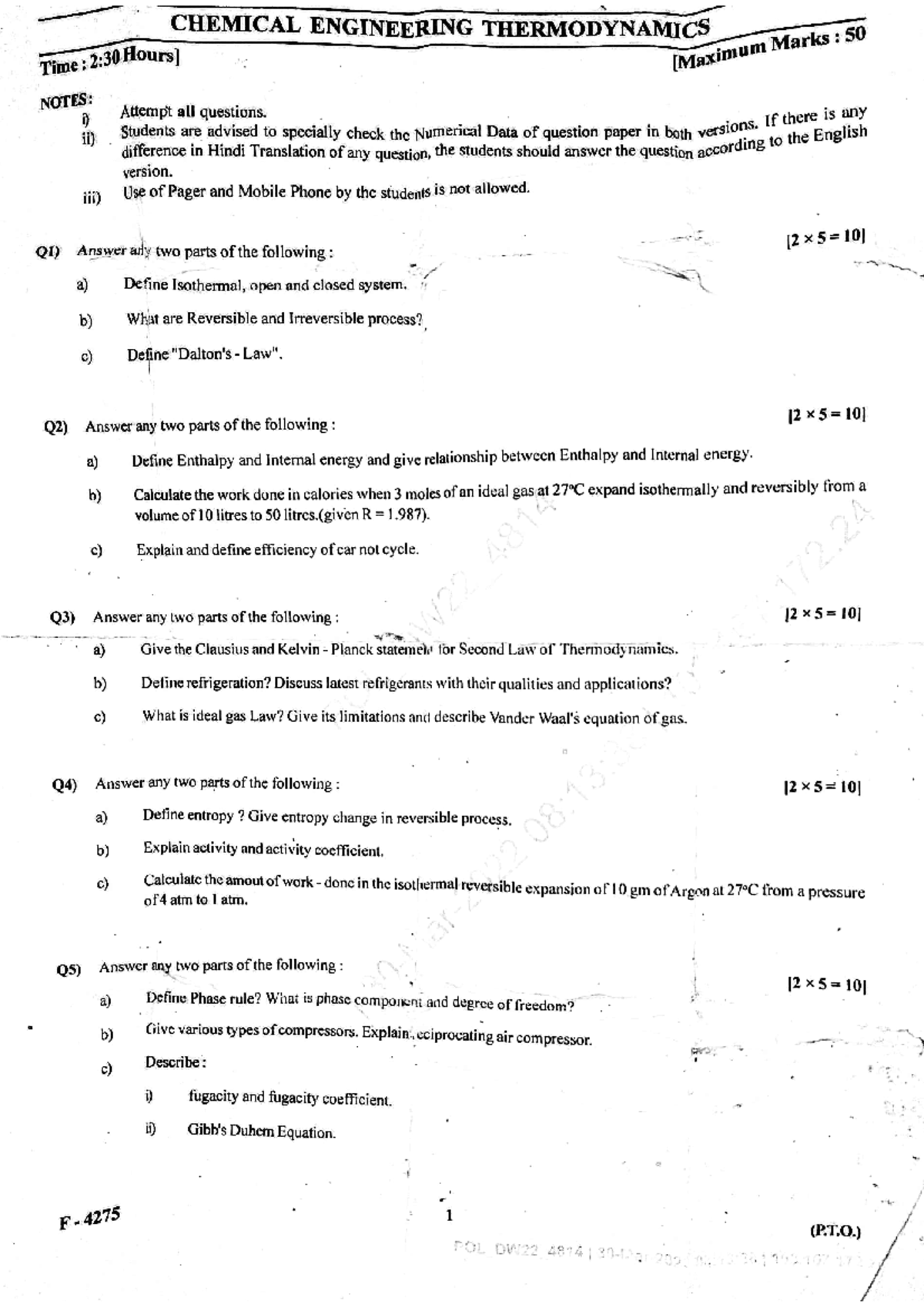 C.E.T question paper - Chemical Engineering - I (Thermodynamics ...