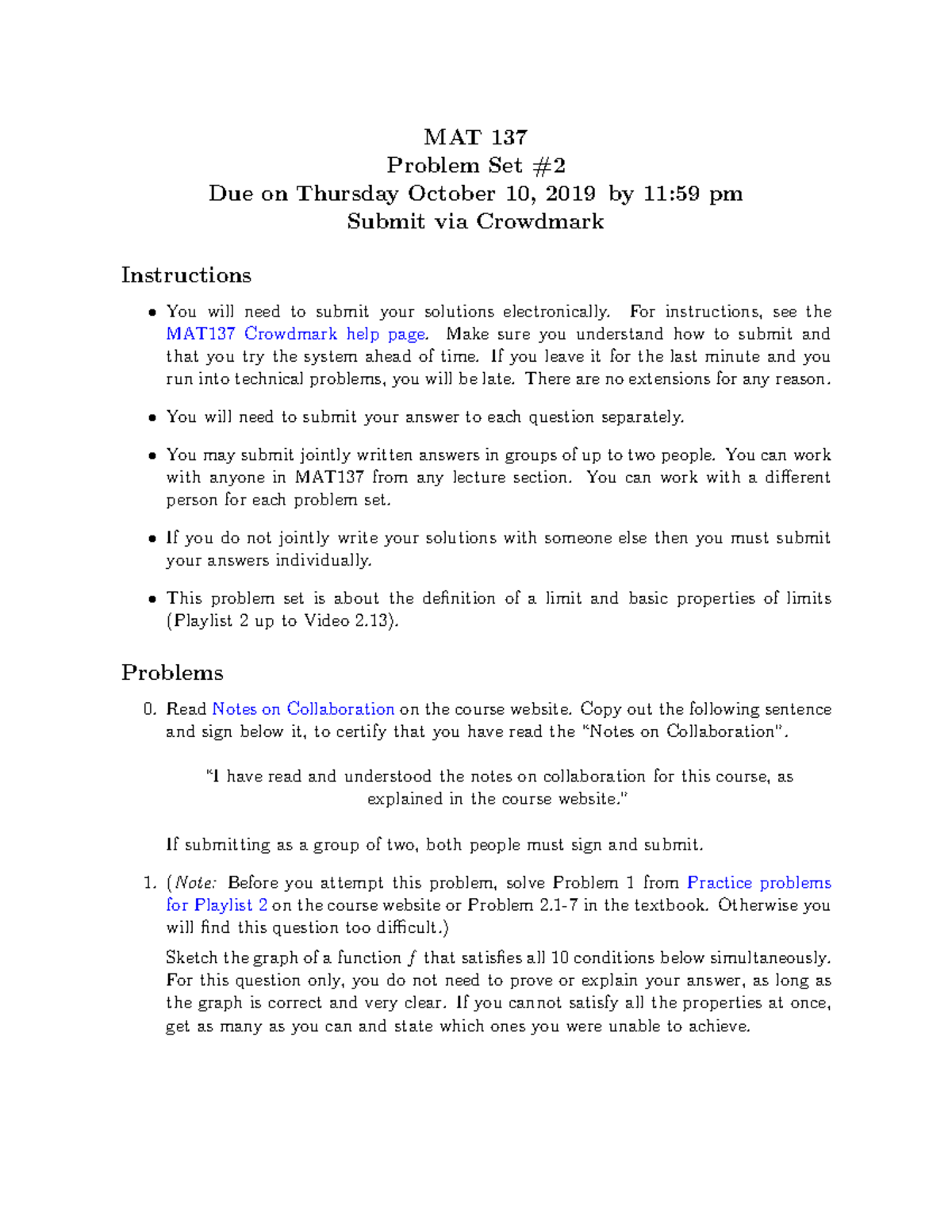 137 1920 PS2 - practise - MAT 137 Problem Set Due on Thursday October ...