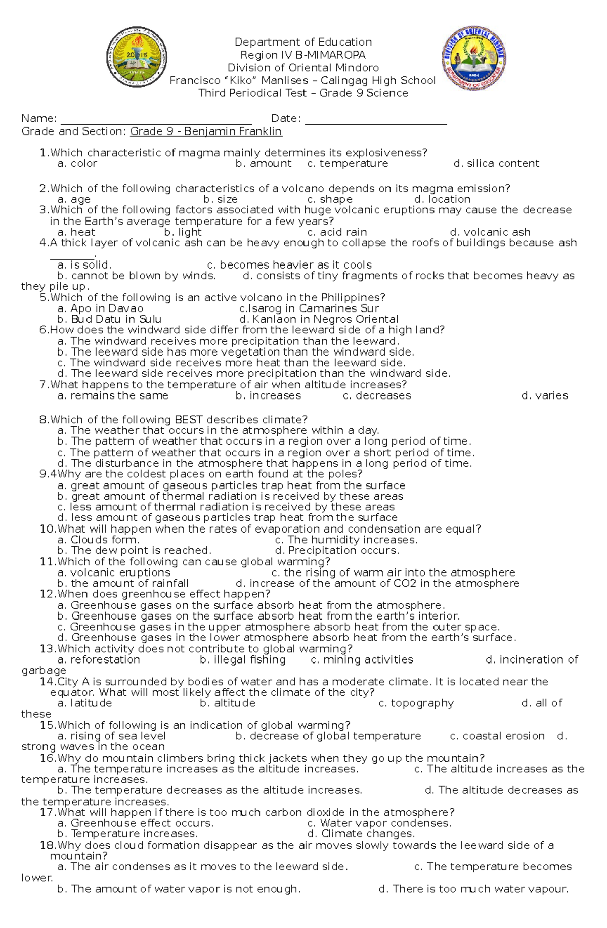 Grade-9-Science - Science 9 Etxam - Department of Education Region IV B ...