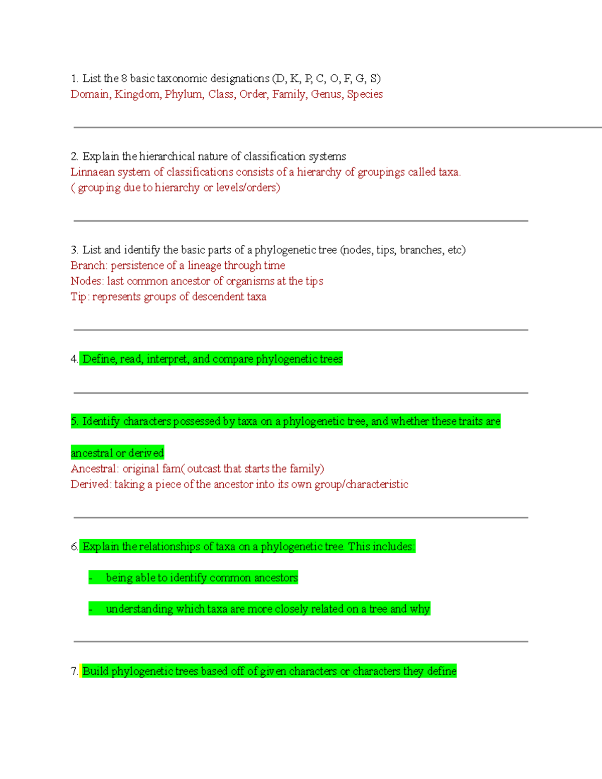 Study guide for final - List the 8 basic taxonomic designations (D, K ...