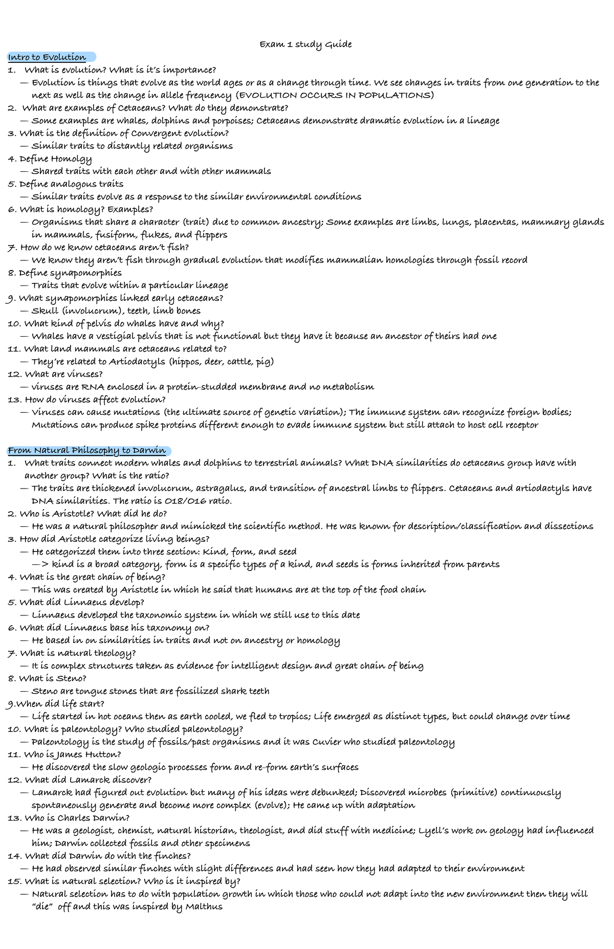 Exam 1 Study Guide - Exam 1 study Guide Intro to Evolution What is ...